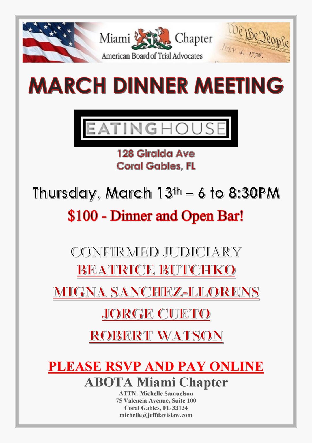 ABOTA MIAMI DINNER MEETING @ EATING HOUSE | ABOTA - American Board of ...